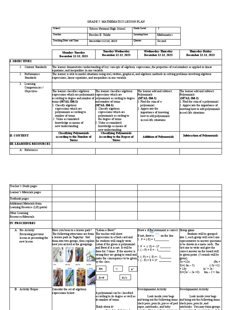 Daily Lesson Log | PDF | Polynomial | Equations