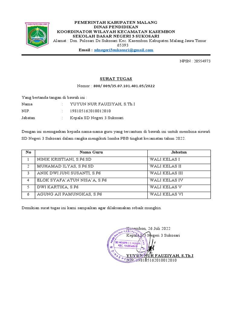 SURAT TUGAS PEMBINA PBB | PDF