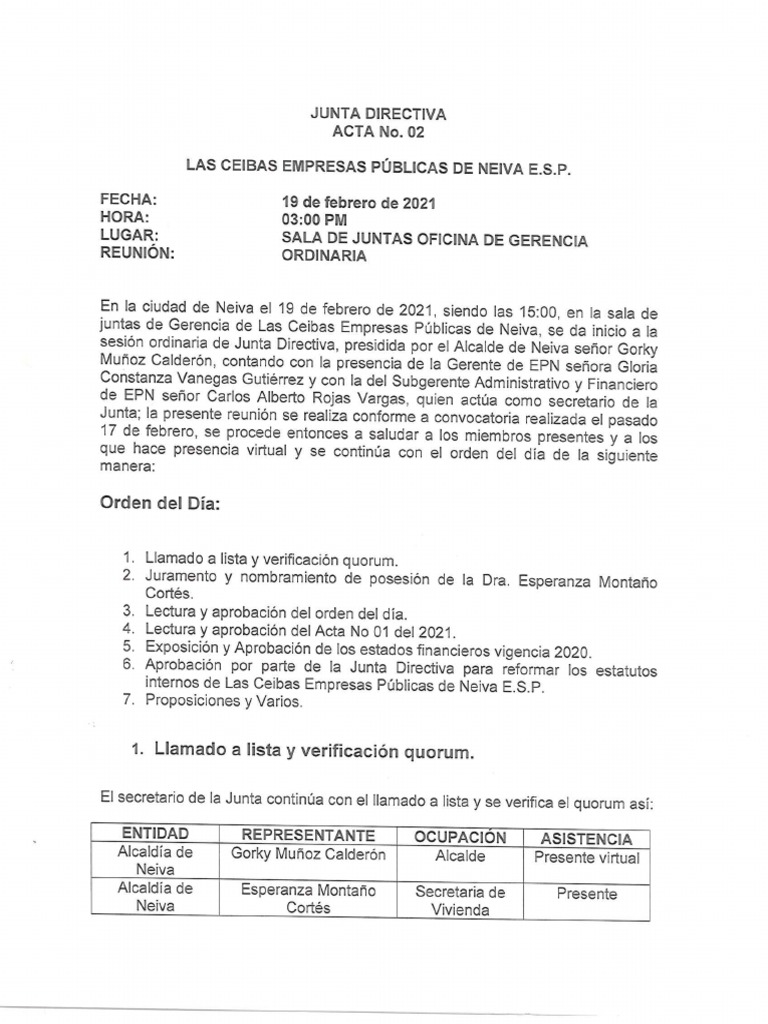 Acta de Junta Directiva N 2 2021 | PDF