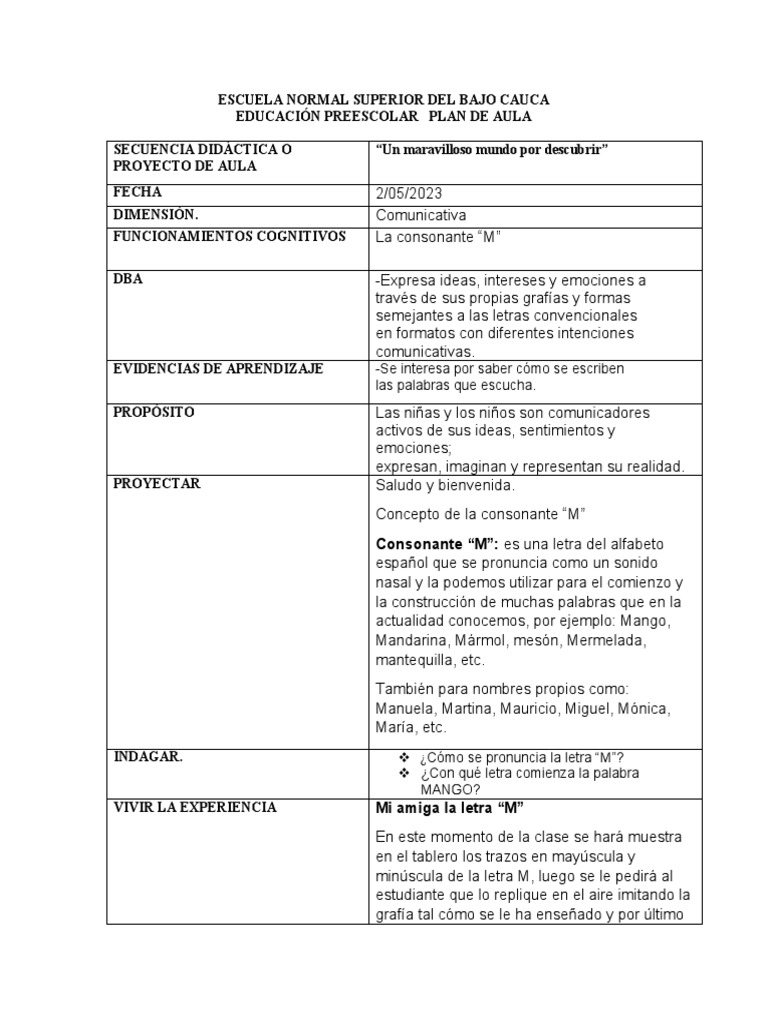Plan de Clase: Consonante M en Preescolar | PDF | Educación de la ...