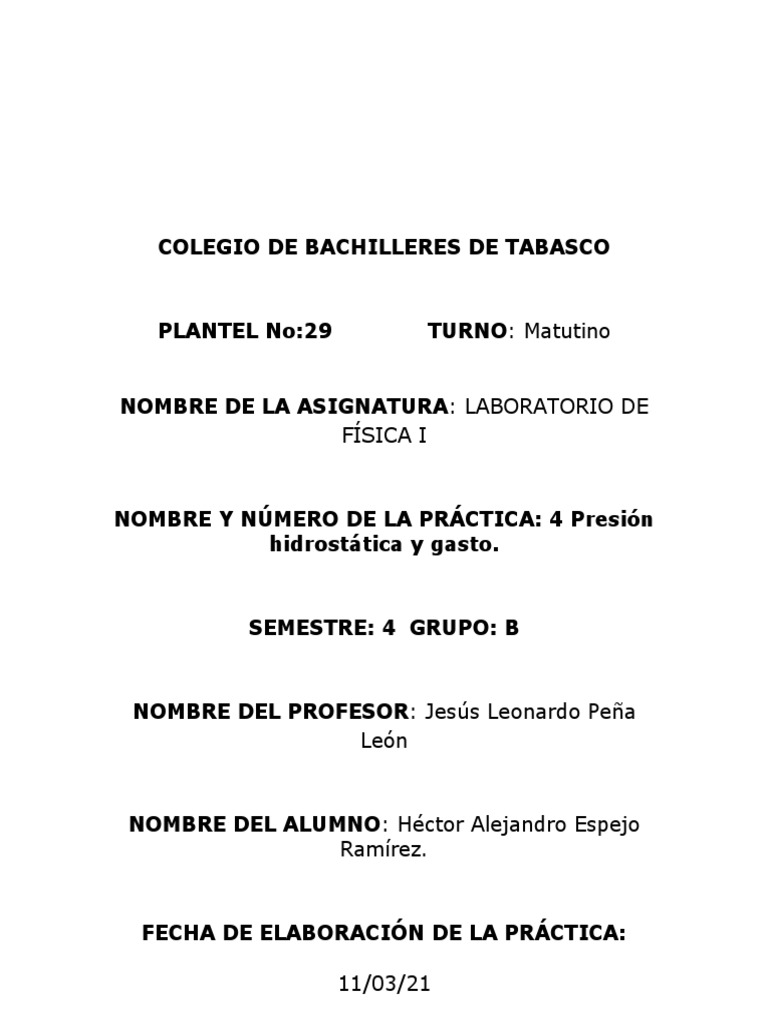 PRAC.4 Presion Hidrostatica y Gasto. | PDF | Presión | Líquidos