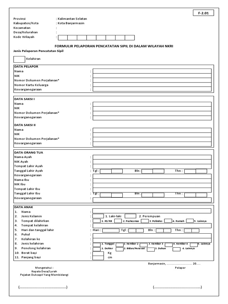 Formulir Pencatatan Sipil Kelahiran (F-2.01) - F-2.01 Kelahiran-1 PDF | PDF