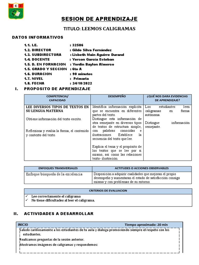 Sesion de Caligrama | PDF | Aprendizaje | Evaluación