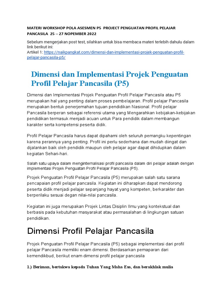 Materi Workshop Pola Asesmen P5 Project Penguatan Profil Pelajar ...