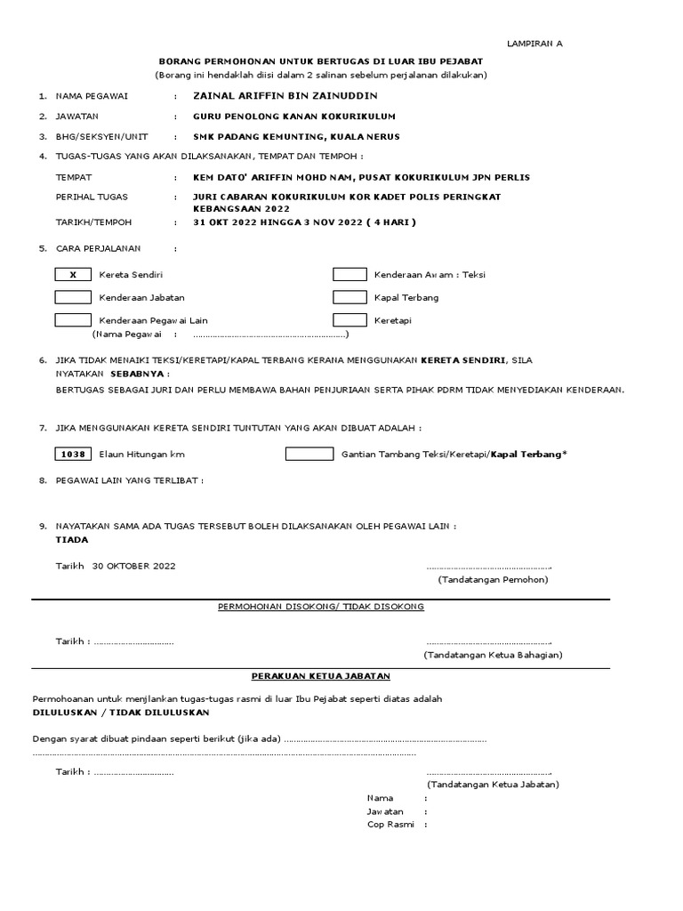 Lampiran A Kebenaran Bawa Kenderaan Sendiri 2022 | PDF