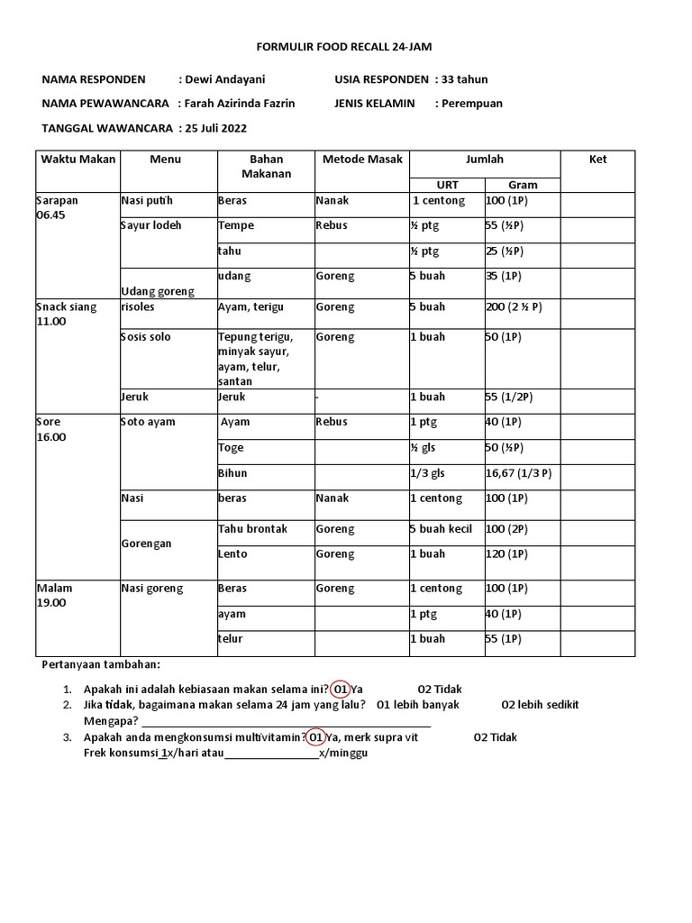 Interpretasi Hasil 24-hr Food Recall - Ibu Dewi | PDF