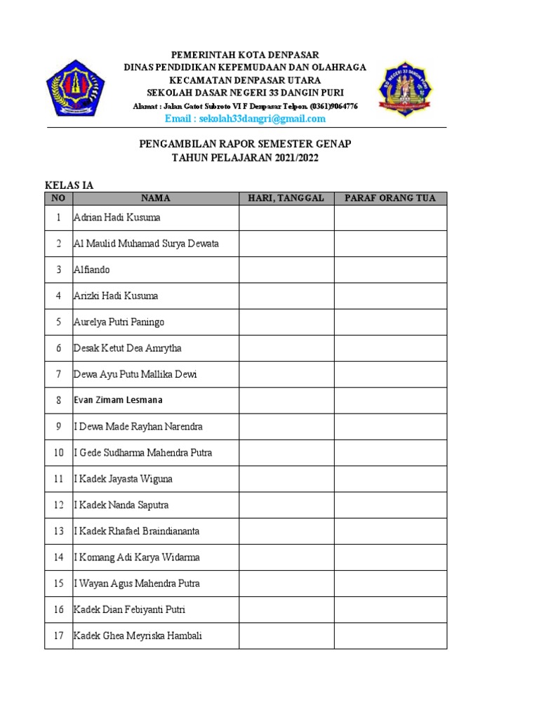 Daftar Penerimaan Rapor | PDF