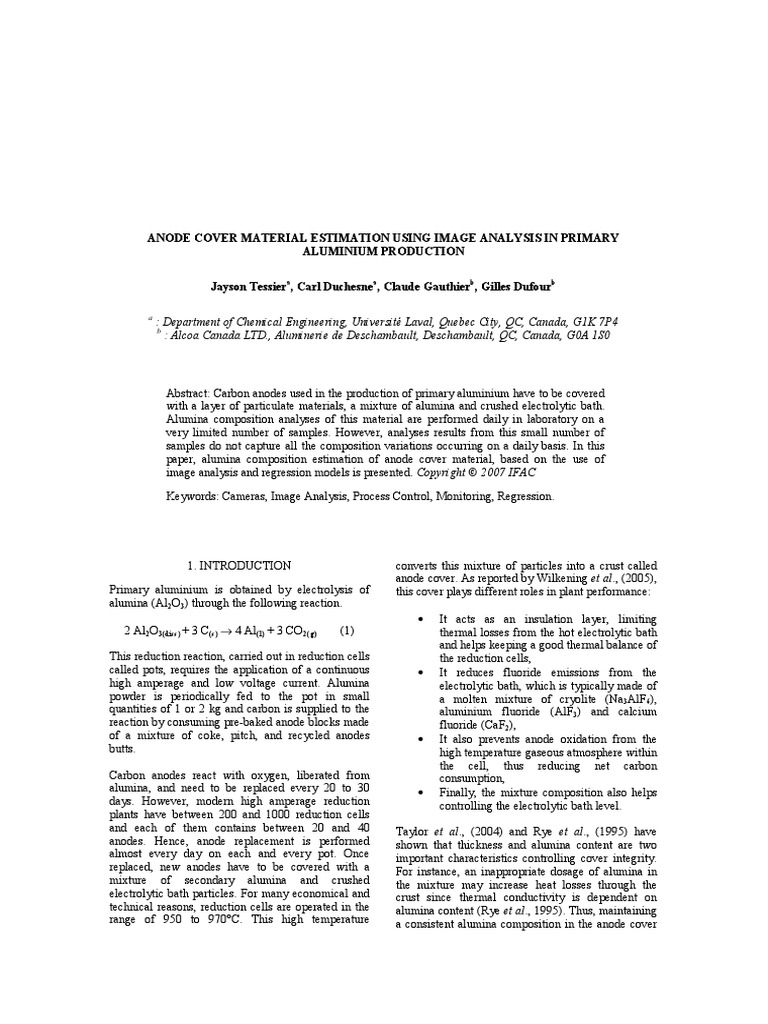 ANODE COVER MATERIAL ESTIMATION USING IMAGE ANALYSIS IN - 2007 - IFAC Proceeding | PDF ...