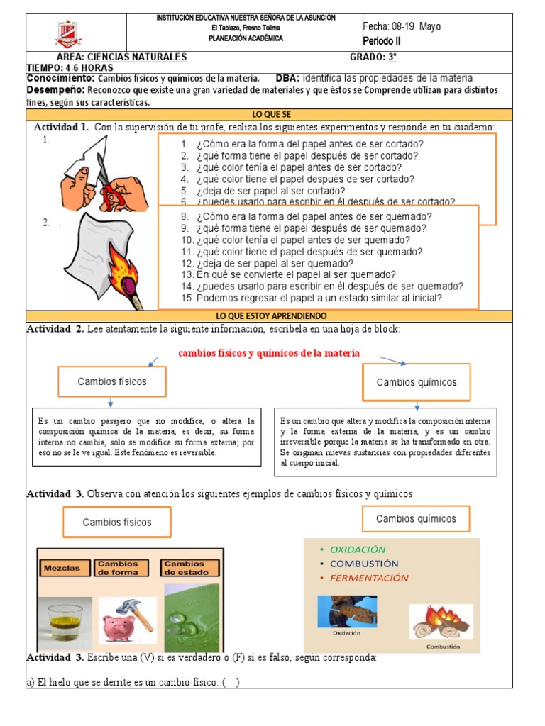 Hoja De Trabajo Con Respuestas Sobre Cambios Físicos Y Químicos