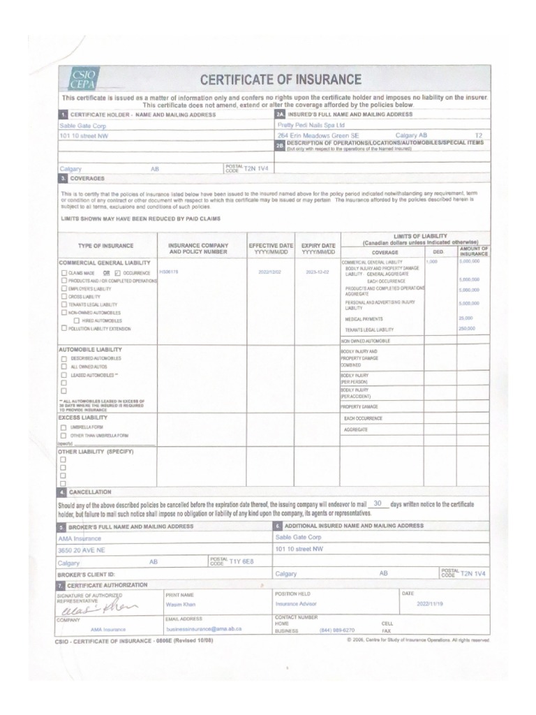 Certificate of Insurance PDF | PDF