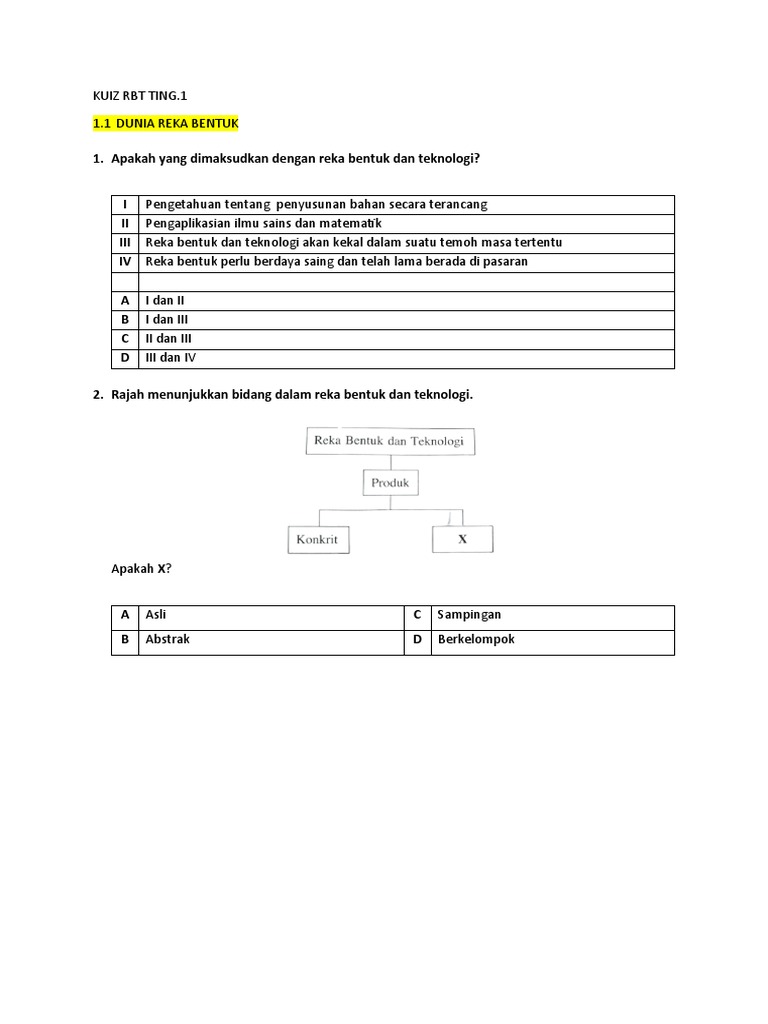 Kuiz RBT Tingkatan 1: Reka Bentuk dan Teknologi | PDF | Metode & Bahan ...