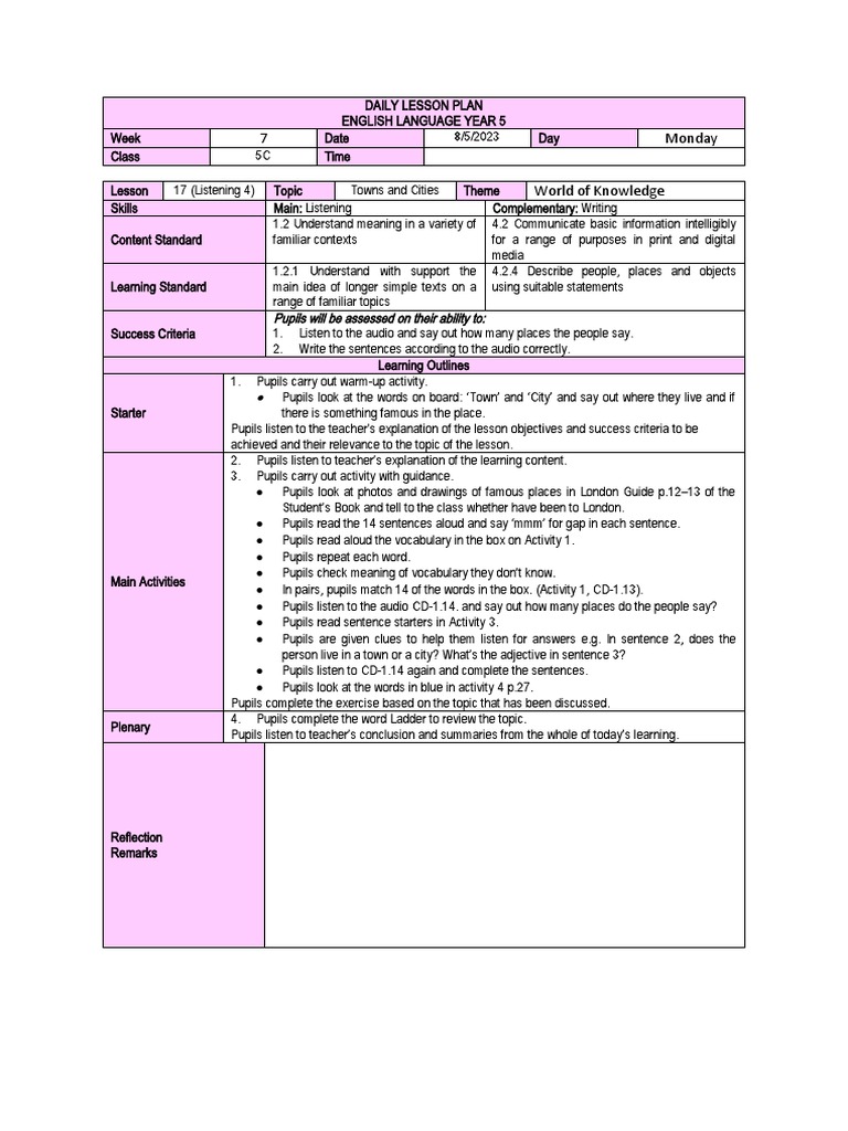 Lesson Plan: Towns and Cities for Year 5 | PDF | Lesson Plan | Teachers