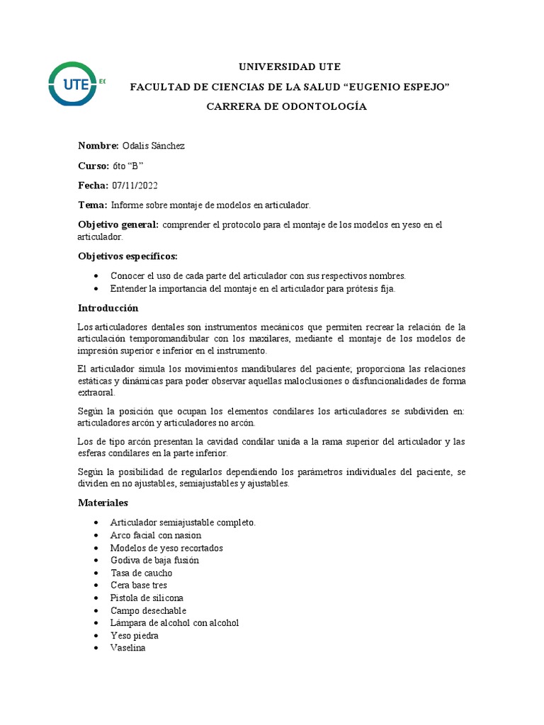Informe Artiuclador | PDF | Dentadura postiza