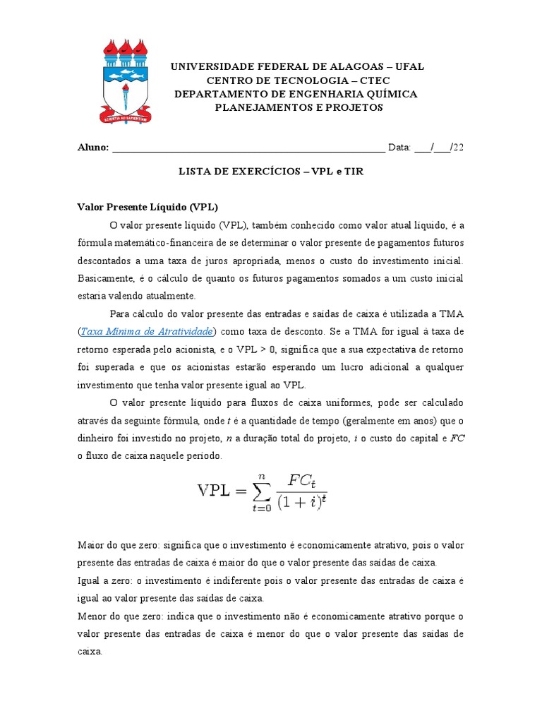 Lista de Exercícios - VPL e TIR | PDF | Valor Presente líquido | Setor privado