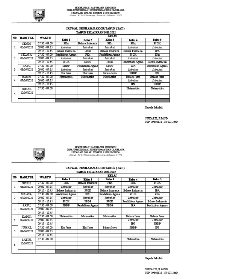 Jadwal Pas 2021.2022 | PDF