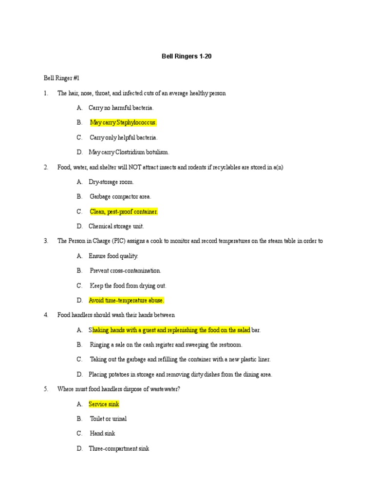 Bell Ringers 1 - 20 | PDF | Hand Washing | Food Safety