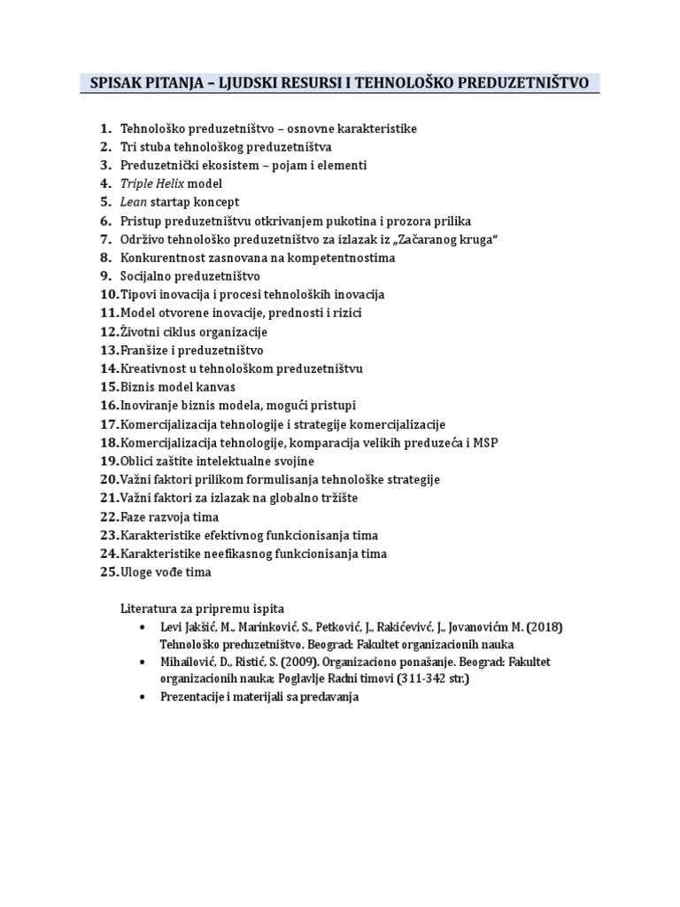 Spisak Pitanja - HR I Tehnološko Preduzetništvo - Finalni | PDF