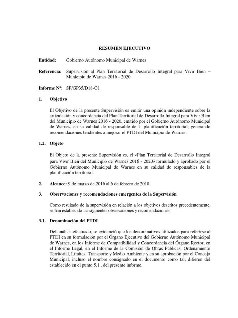 Supervisión Al Plan Territorial de Desarrollo Integral para Vivir Bien - Municipio de Warnes ...