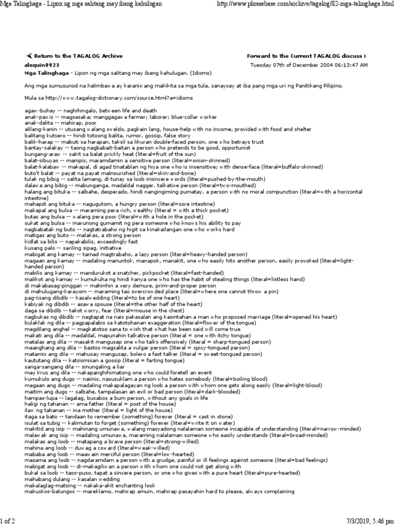 Mga Talinghaga - Lipon ng mga salitang may ibang kahulugan | PDF