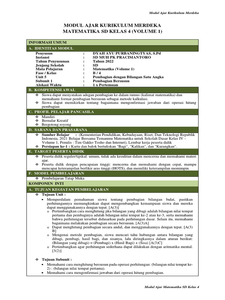 Ma MTK K4 Unit 5 Kelas 4a | PDF