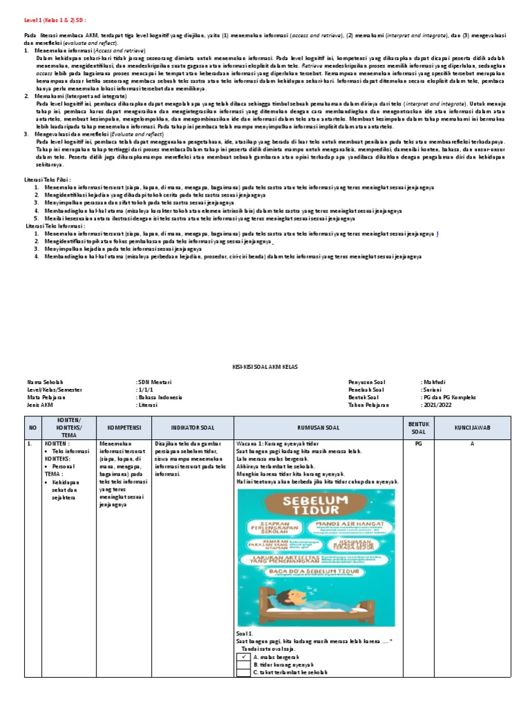 Kisi-Kisi Contoh Soal Bimtek Akm Kelas | PDF