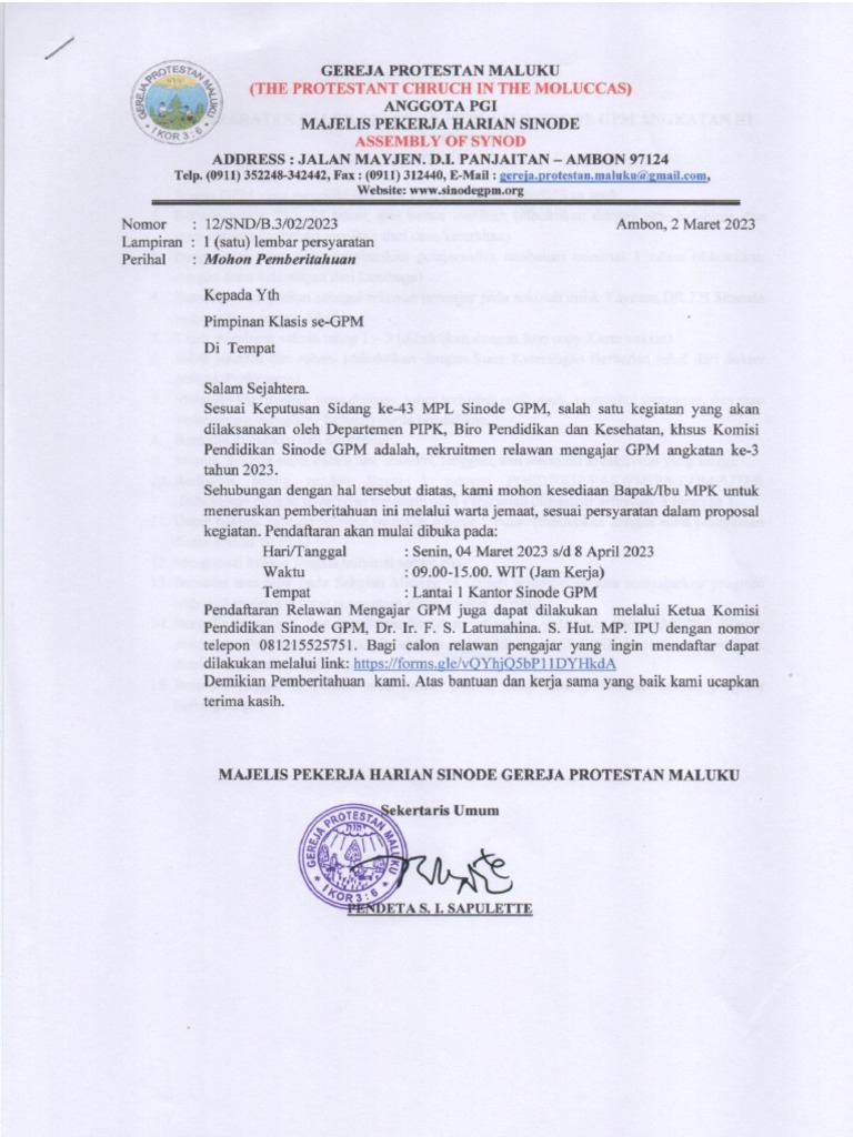 Komisi Pendidikan Sinode GPM - Surat Pemberitahuan Perekrutan Relawan ...