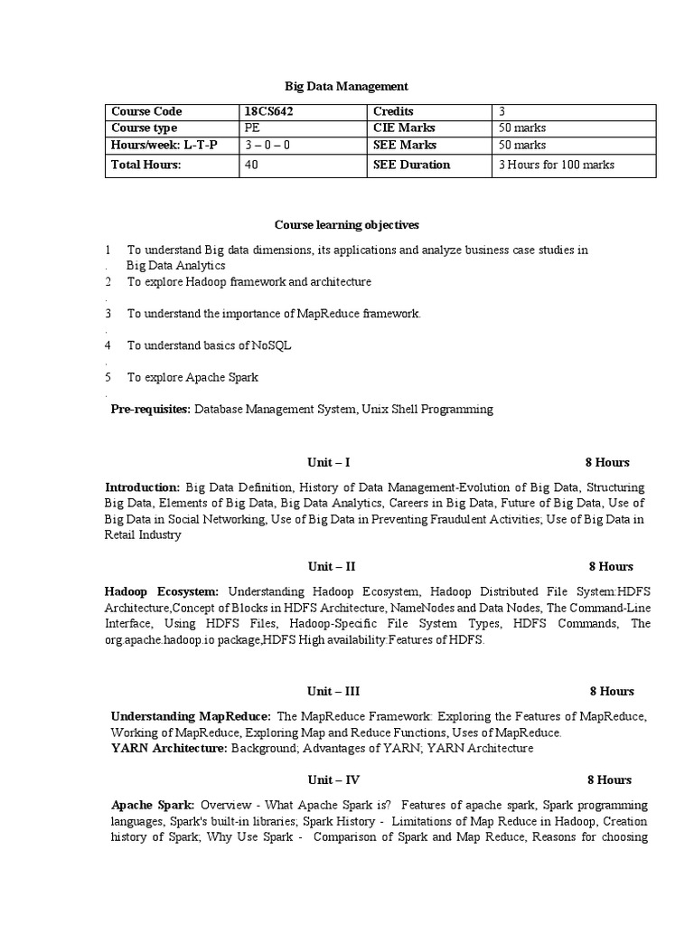Big Data Management Syllabus | PDF | Apache Hadoop | Apache Spark Big Data Management Syllabus | PDF | Apache Hadoop | Apache Spark