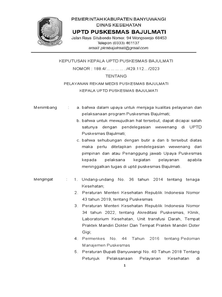 Pelayanan Rekam Medis Puskesmas Bajulmati Kepala Uptd Puskesmas ...