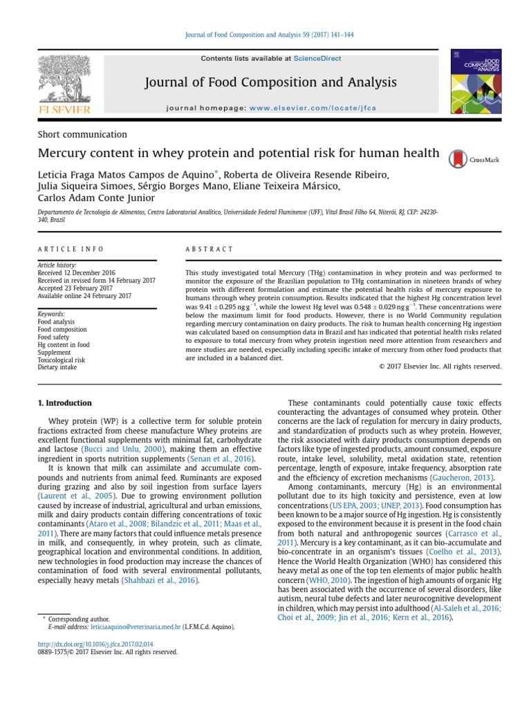 Mercury Content in Whey Protein and Potential Risk For Human Health PDF ...