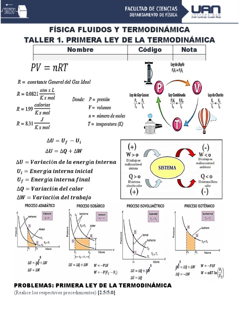 Taller 1. Primera Ley de La Termodinámica | PDF | Gases | Calor