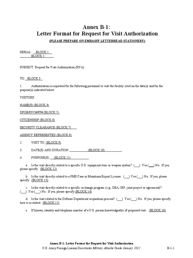 Annex B-1 - Letter Format For Request For Visit Authorization | PDF ...