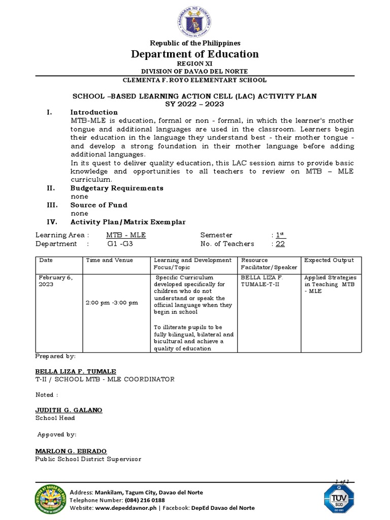 Mpre-Lac-Mtb - Mle | PDF | Curriculum | Behavior Modification