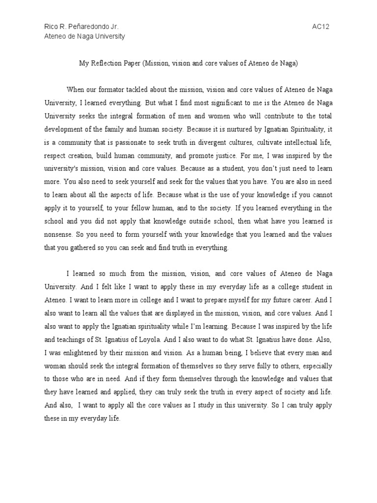 My Reflection Paper (Mission, Vision and Core Values of Ateneo de Naga) | PDF