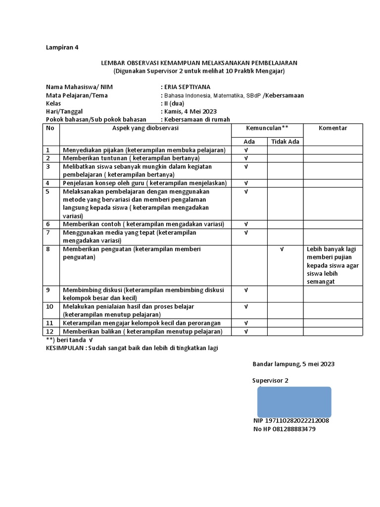 Lampiran 4 Lembar Observasi Mengajar | PDF