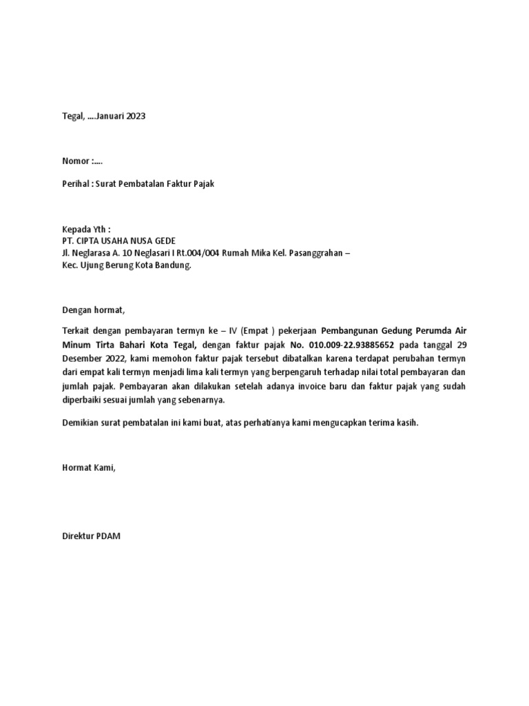 Surat Permohonan Pembatalan Faktur Pajak | PDF