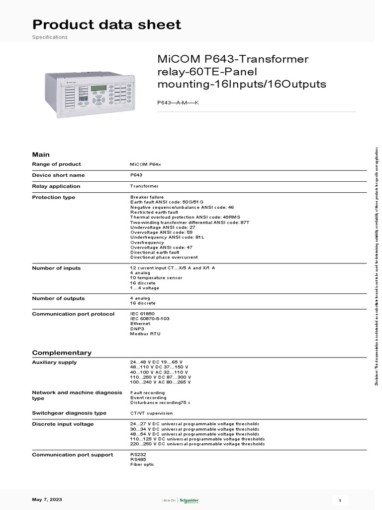 Easergy MiCOM P64x Protection Relays - P643 - A-M - K | PDF | Power ...