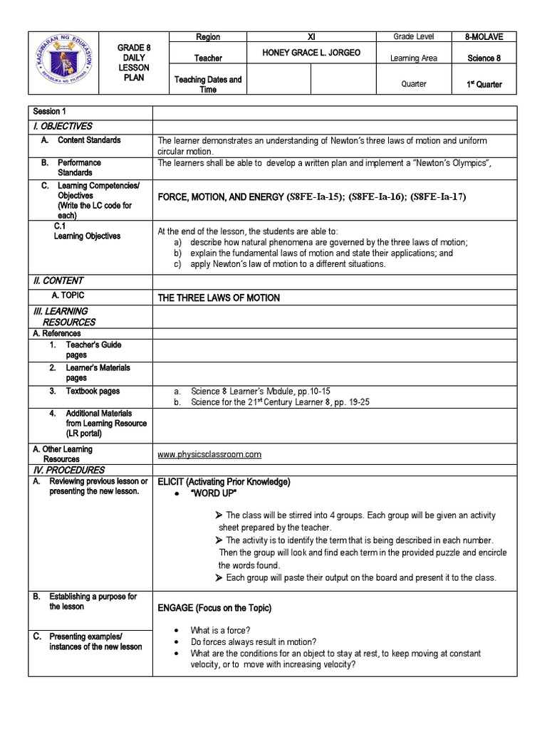 Grade 8 Newton's Laws Lesson Plan | PDF | Force | Learning