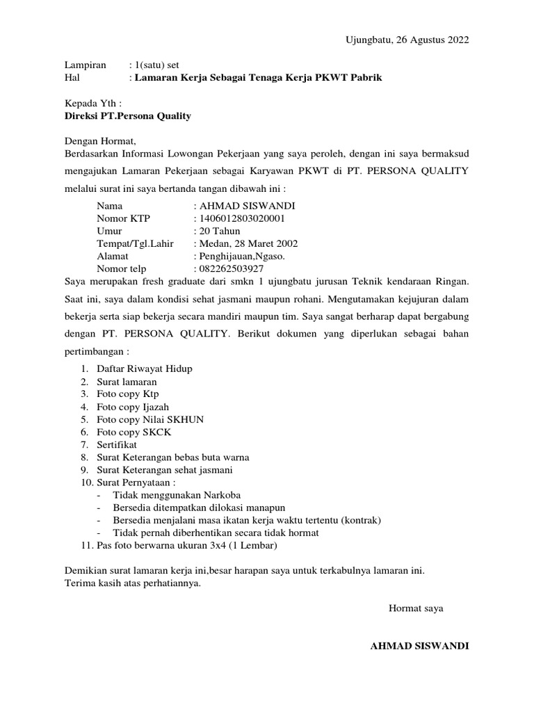 Surat Lamaran Kerja AHMAD | PDF