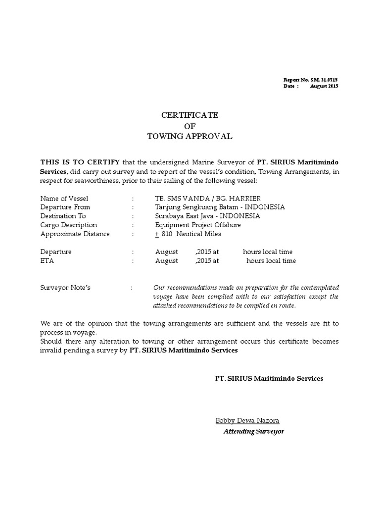 Towing Certificate | PDF | Water Transport | Shipping