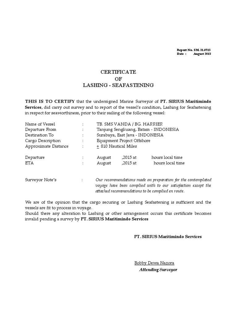 Lashing Certificate | PDF | Shipping | Water Transport