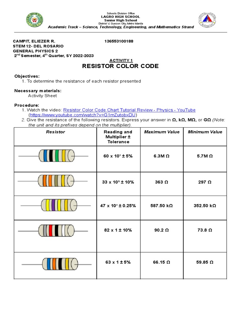 Campit - Activity 1 Resistor Color Code | Download Free PDF | Resistor ...