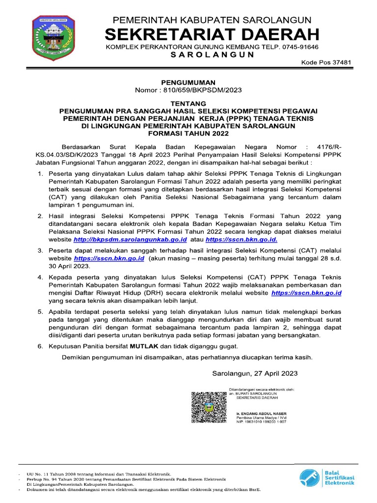 02.1. Pengumuman Pra Sanggah PPPK Teknis | PDF