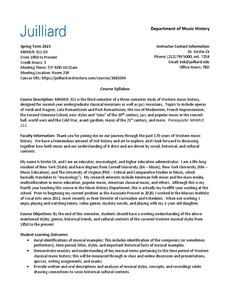 23SP Syllabus - MHMUS 311-03 - From 1850 To Present - Ek PDF | PDF | Textbook | Sexual Harassment