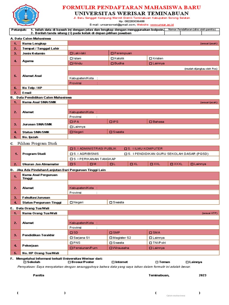 Formulir Pendaftaran Mahasiswa Baru BCM | PDF