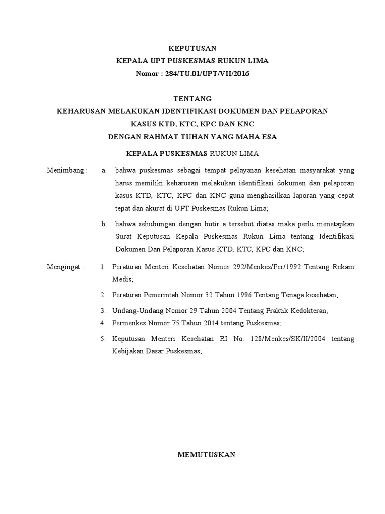 SK Keharusan Melakukan Identifikasi KTD, KTC | PDF
