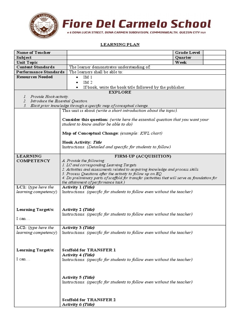 LEARNING PLAN Elem | PDF | Learning | Rubric (Academic)