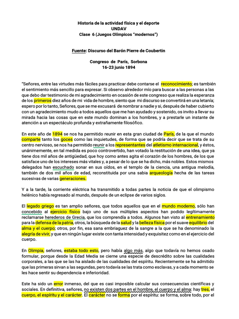 Barón Pierre de Coubertin (Discurso Año 1894) | PDF