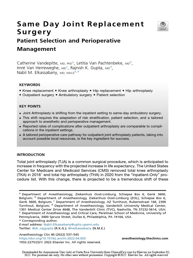 Same Day Joint Replacement Surgery A CL 2022 | PDF | Surgery | Anesthesia