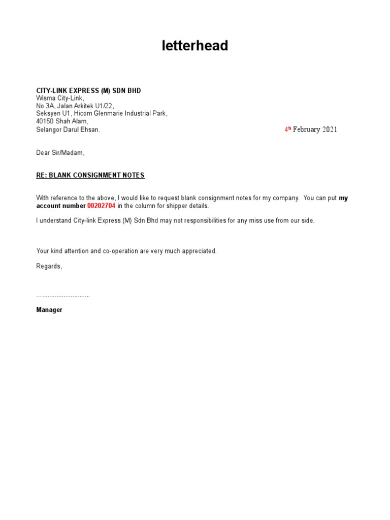 City-Link Express letter requests blank consignment notes | PDF
