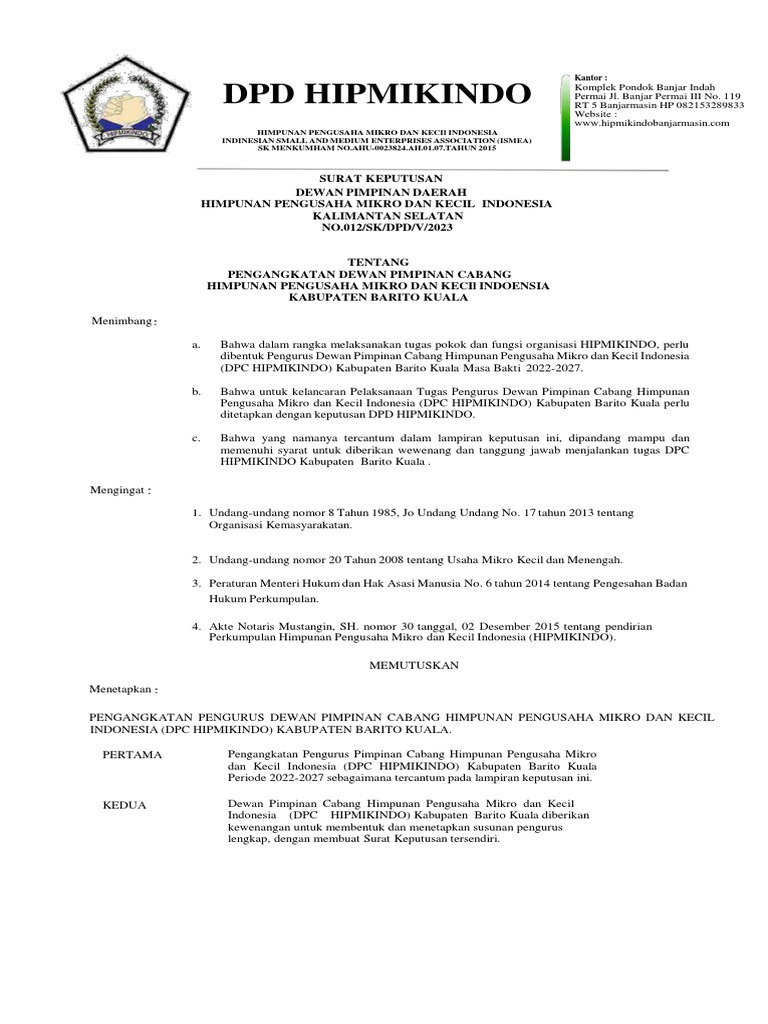 Pengangkatan DPC HIPMIKINDO Barito Kuala | PDF